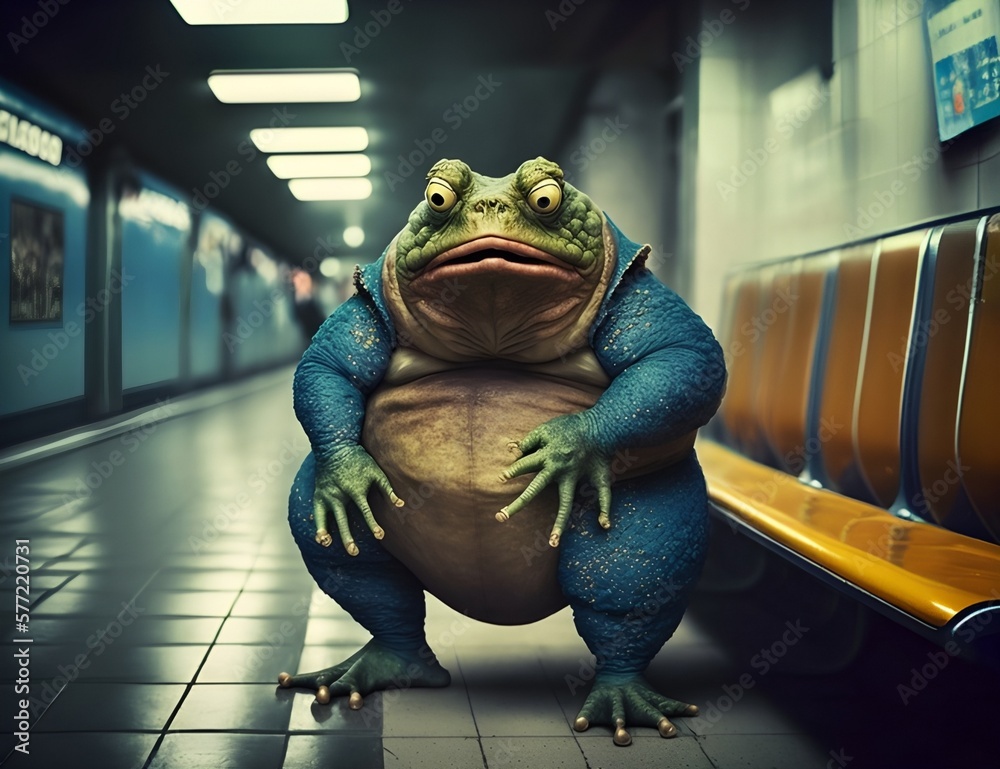 Isolated frog shaped alien passenger waiting on subway platform ...