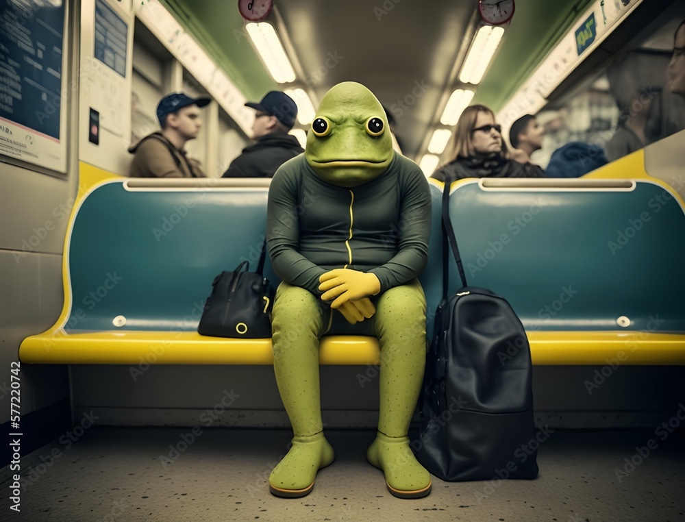 Subway passenger, a green alien strange creature looking like frog or ...