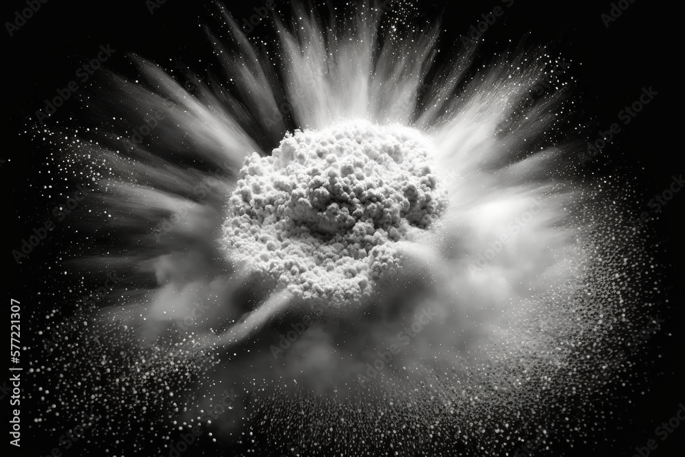 White powder explosion in slow motion, isolated on a dark, black ...