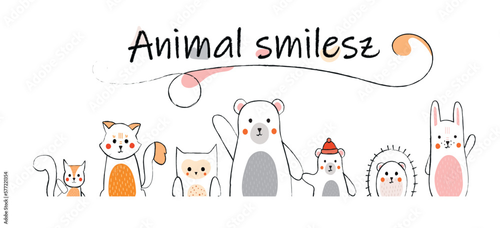 Animals smiles banner. Collection of characters affably waving hand ...