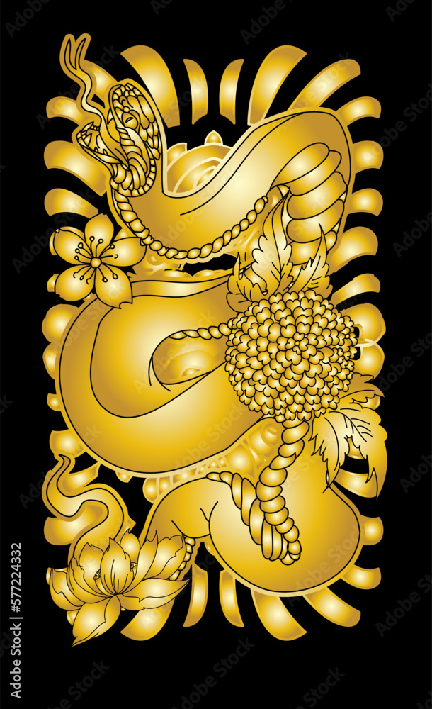 black and white Japanese snake cobra with chrysanthemum flower design ...