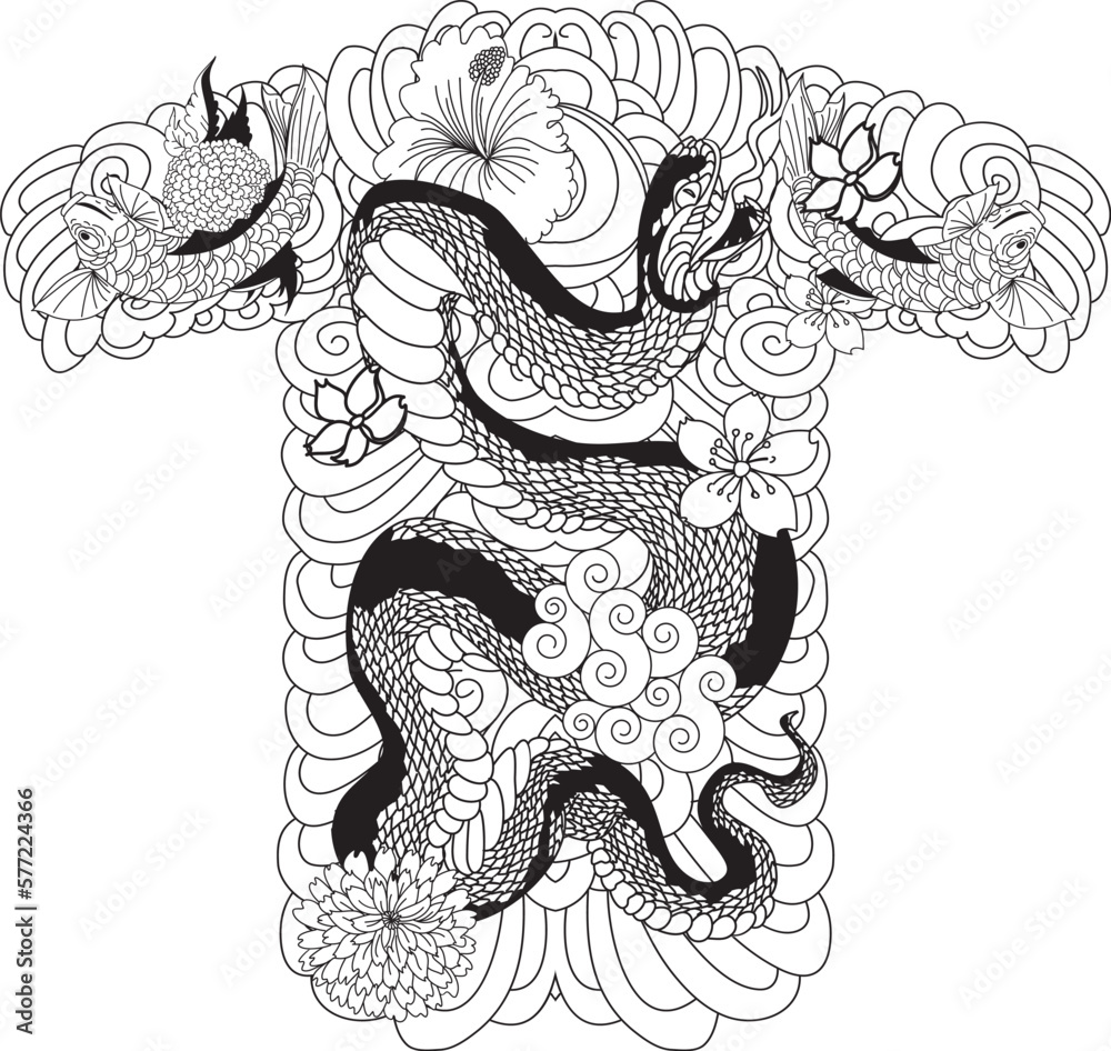 black and white Japanese snake cobra with chrysanthemum flower design ...