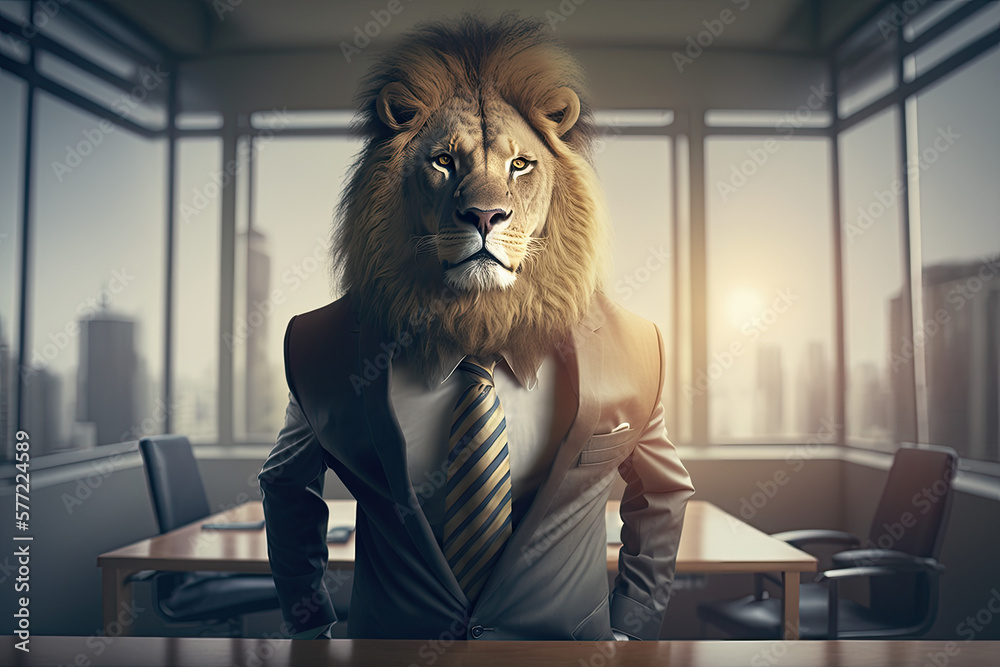 Lion wearing business suits in office. Generative AI Stock Illustration ...