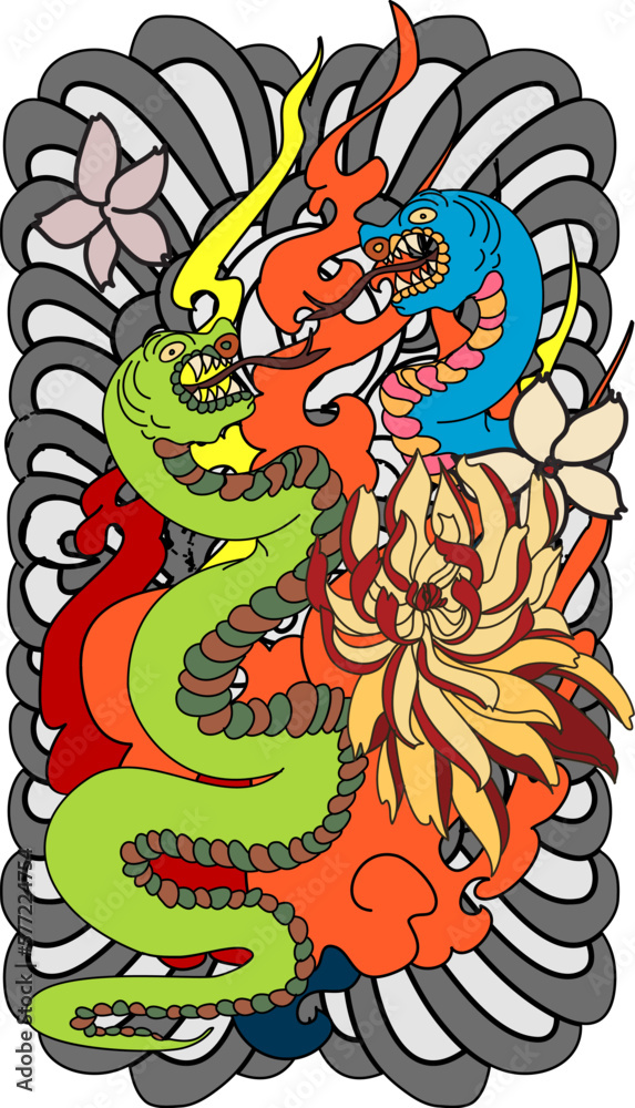 black and white Japanese snake cobra with chrysanthemum flower design ...