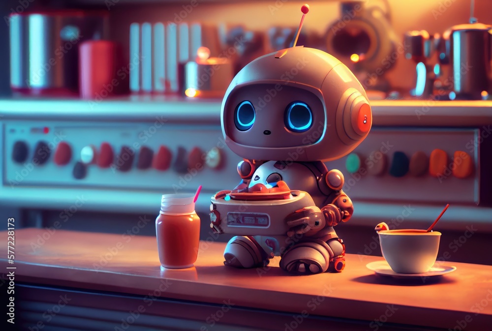 Cute robot eating food in the restaurant background. Technology and ...