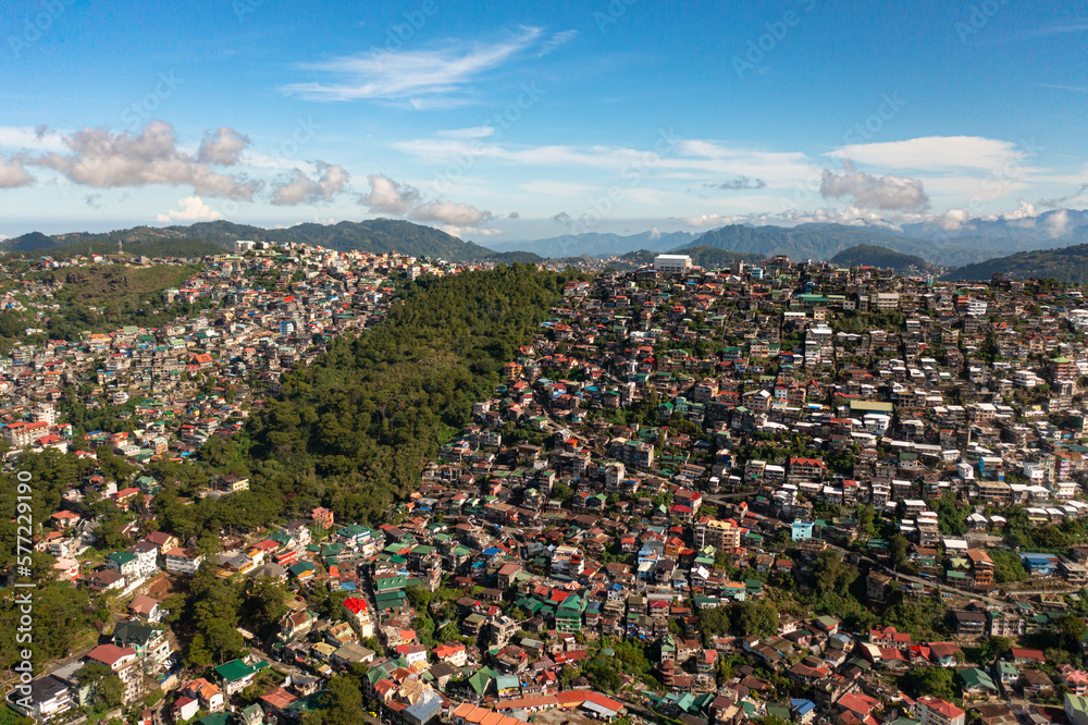 Top view of Baguio City with colorful houses in a mountainous province ...