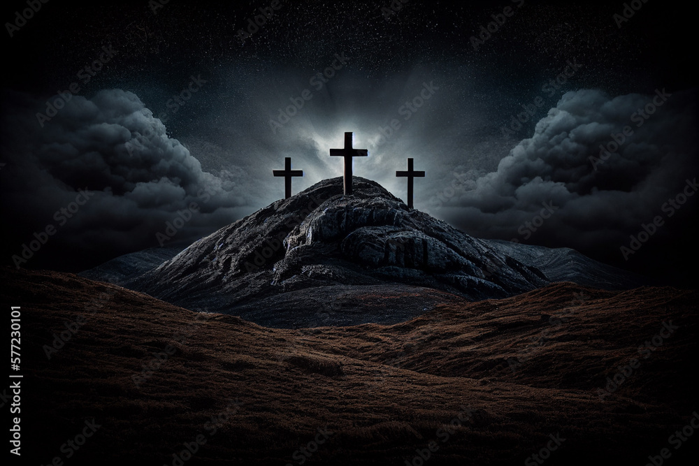 three crosses on Golgotha near Jerusalem, the death of Jesus, the ...