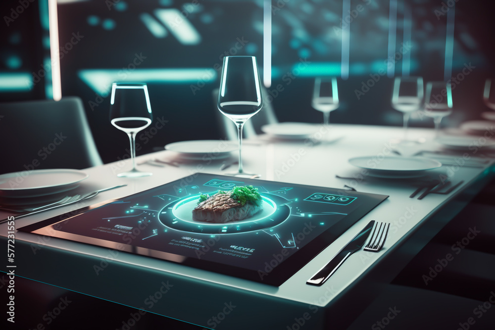 automation futuristic restaurant with smart screen or hologram, future ...