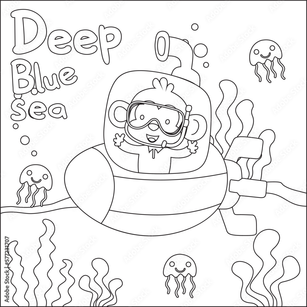 Coloring picture of cartoon submarine ship. cute little monkey sailor ...