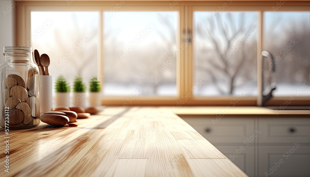 Wooden texture table top on blurred kitchen window background. For ...