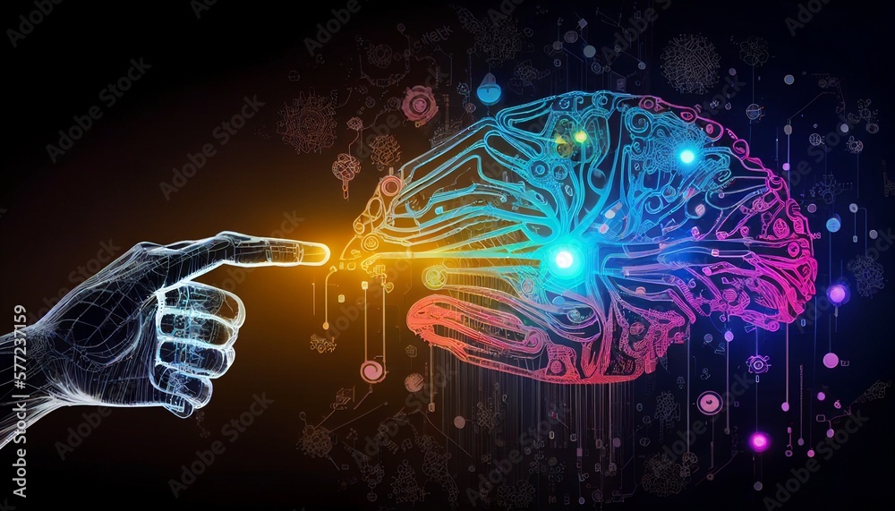 Machine learning, AI Robot and human hands interacting huge data from ...