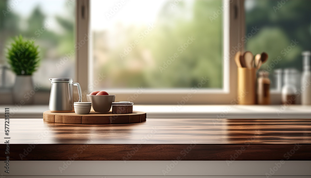 Wooden texture table top on blurred kitchen window background. For ...