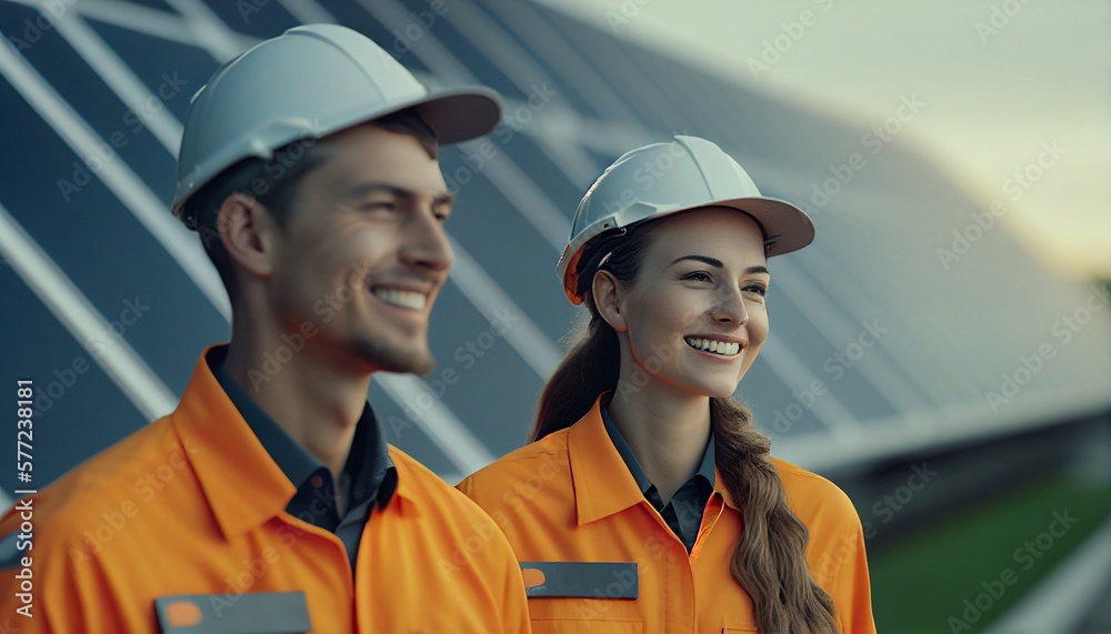 Smiling male and female electrical engineers in orange caps and safety ...