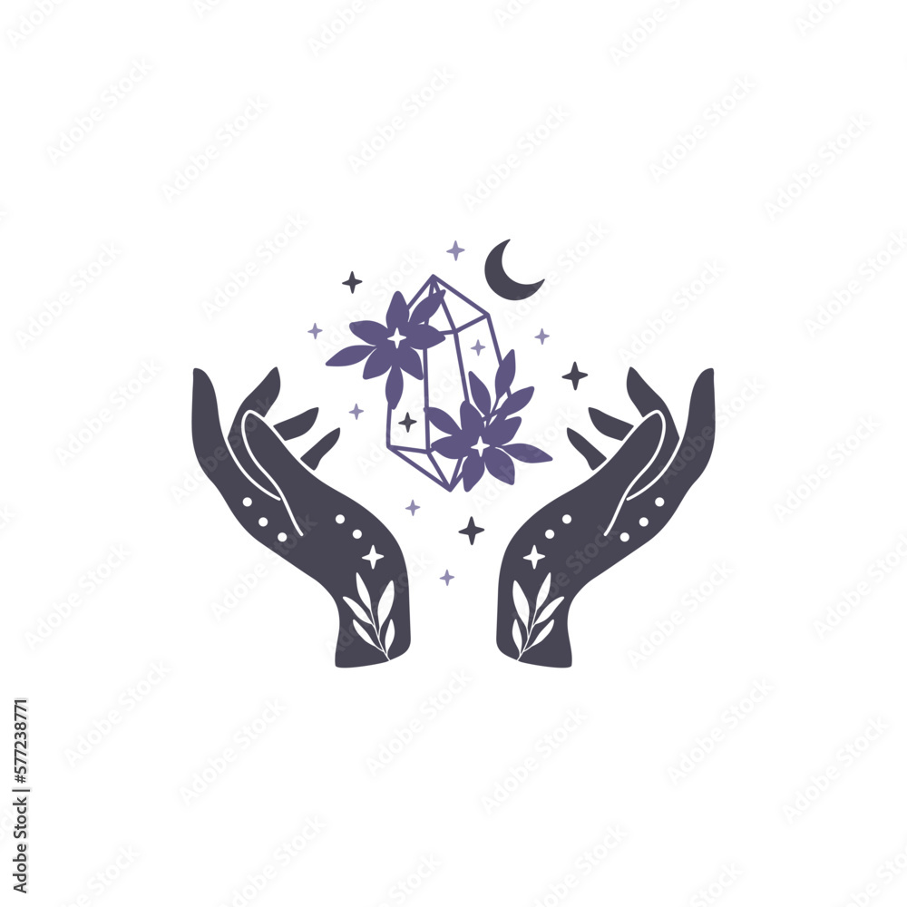 Witch hands with boho crystal vector illustration. Mystical witchcraft ...