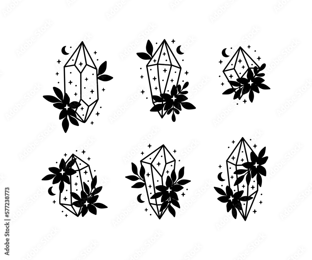 Crystal with flowers vector illustration. Mystical witchcraft symbol ...