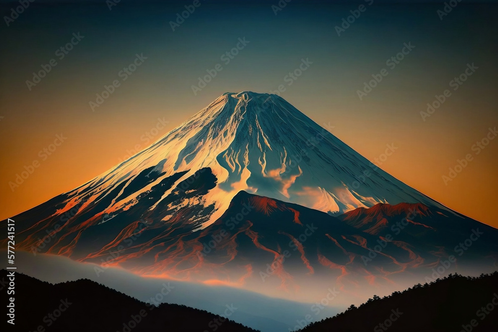 Mount Fuji volcano at Japan, generative AI art Stock-Illustration ...