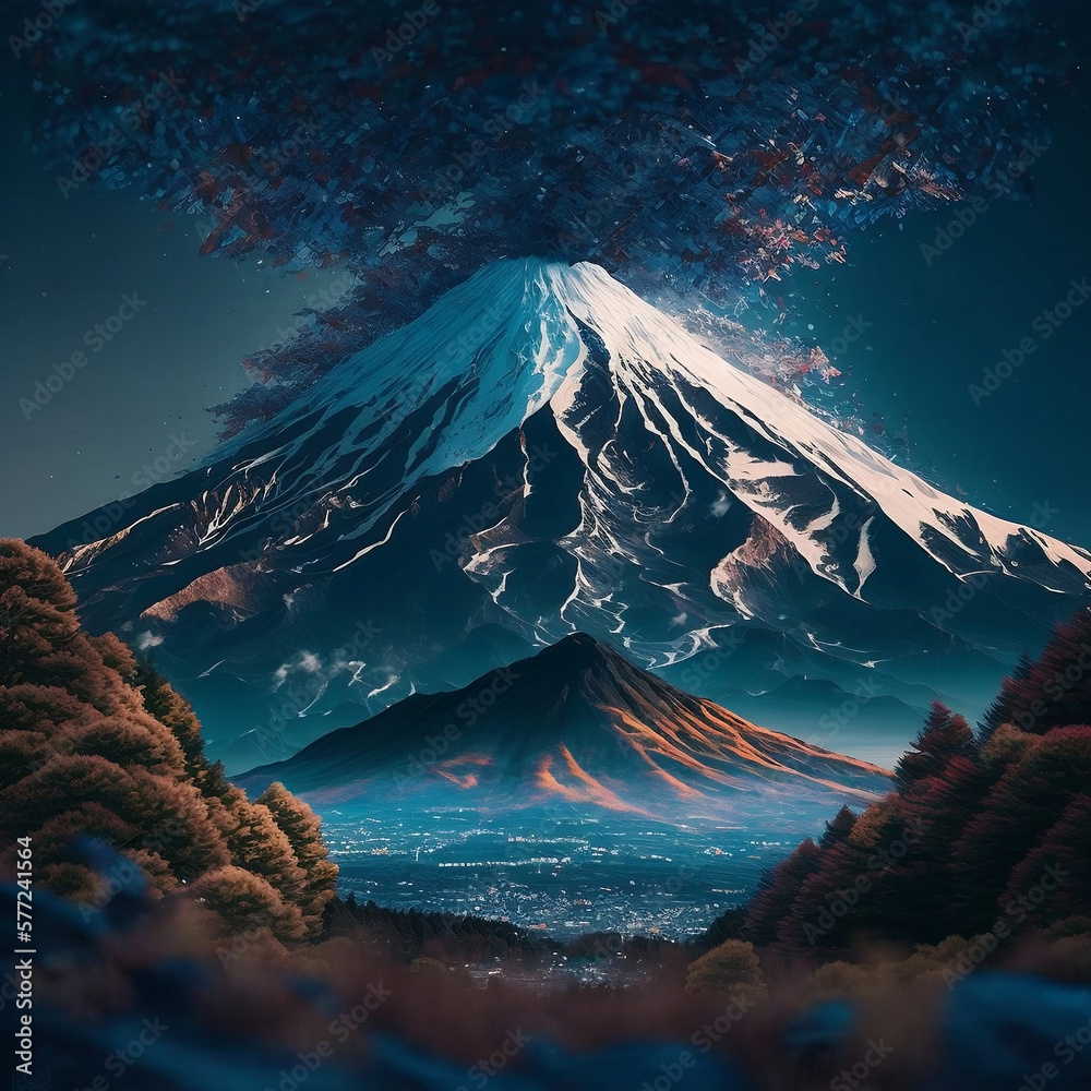 Mount Fuji volcano at Japan, generative AI art Stock Illustration ...