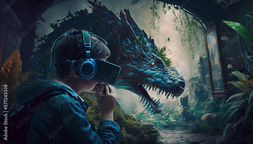 Gamer immersed in a virtual reality game, exploring a stunningly ...