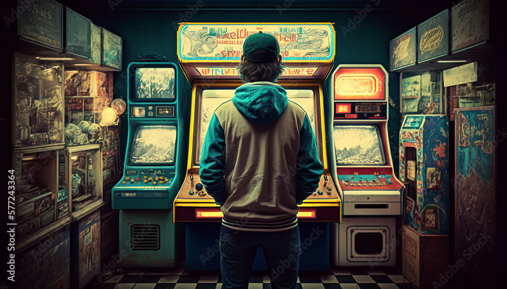 Fototapeta kuchenna Gamer playing a retro game in a cluttered and ...