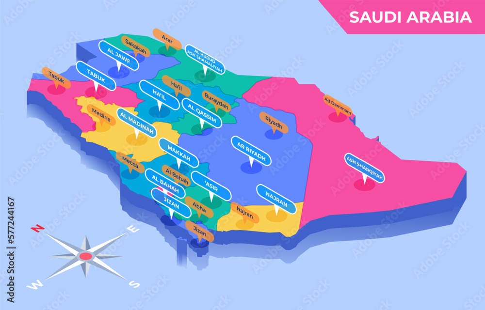Isometric Colorful Map Of Saudi Arabia with Provinces and Capitals ...