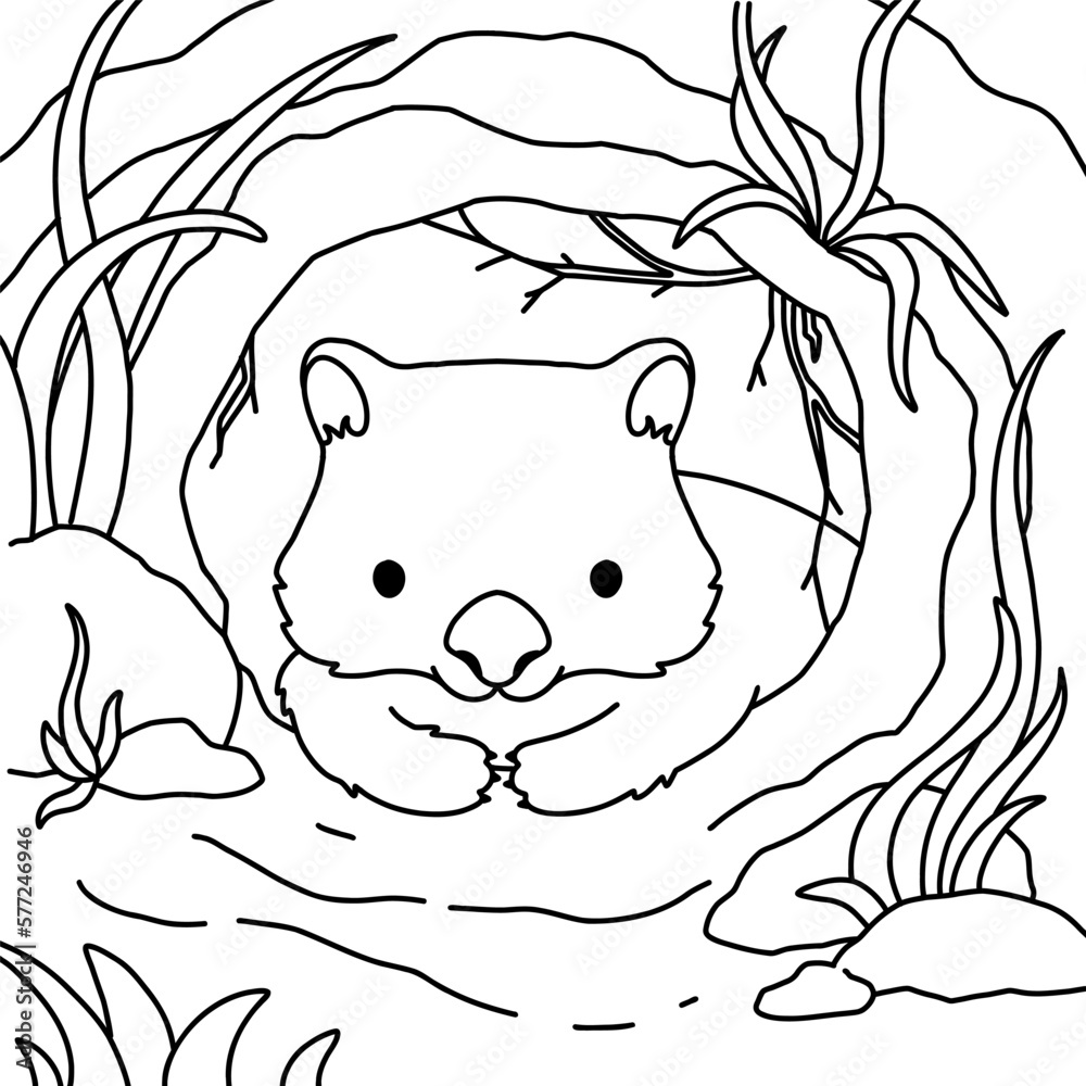 Wildlife scene with cute wombat resting in the hole. Vector cartoon ...