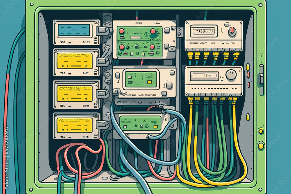 Unorganized wire intertwining on the communications box's front panel ...