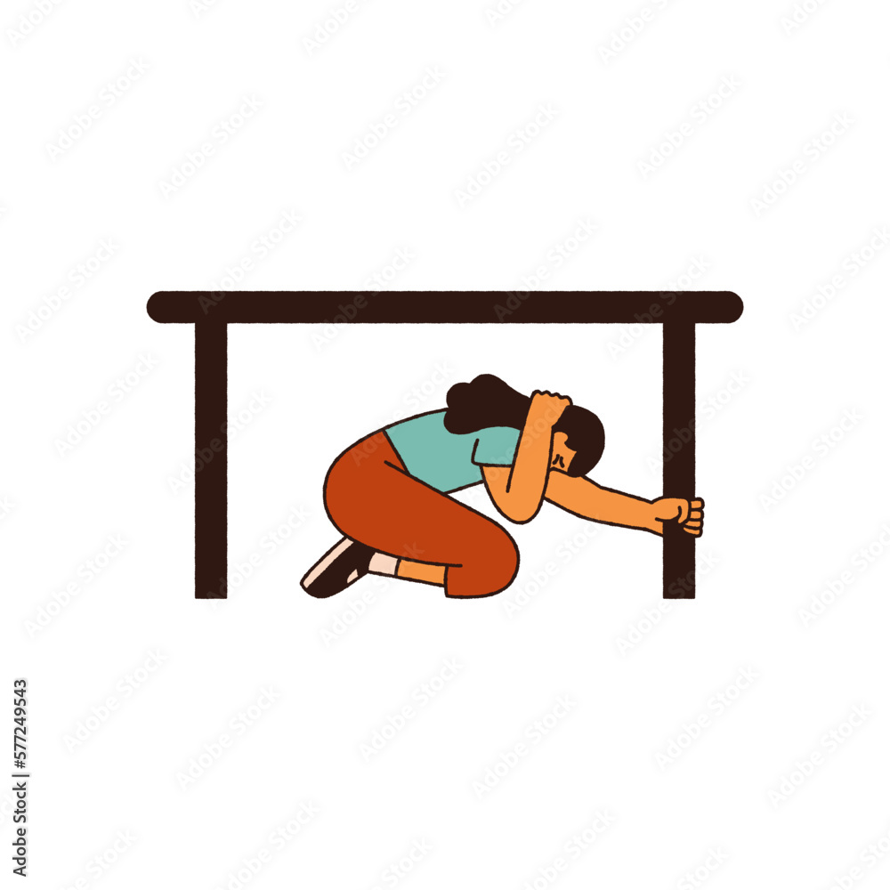 Vetor de Lined girl under a table during earthquake drill. do Stock ...