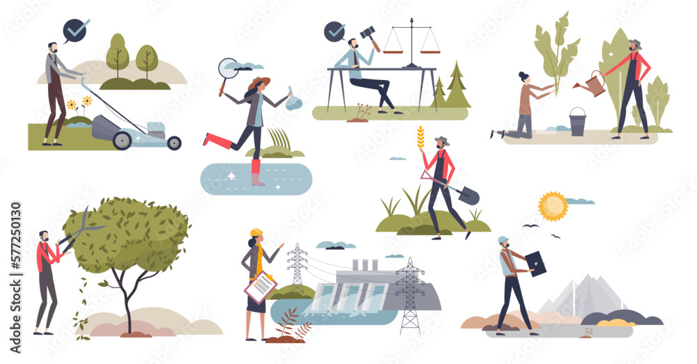 Green jobs set with nature friendly and sustainable work tiny person ...