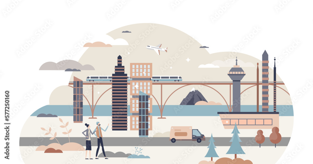 Infrastructure and public transportation city view tiny person concept ...