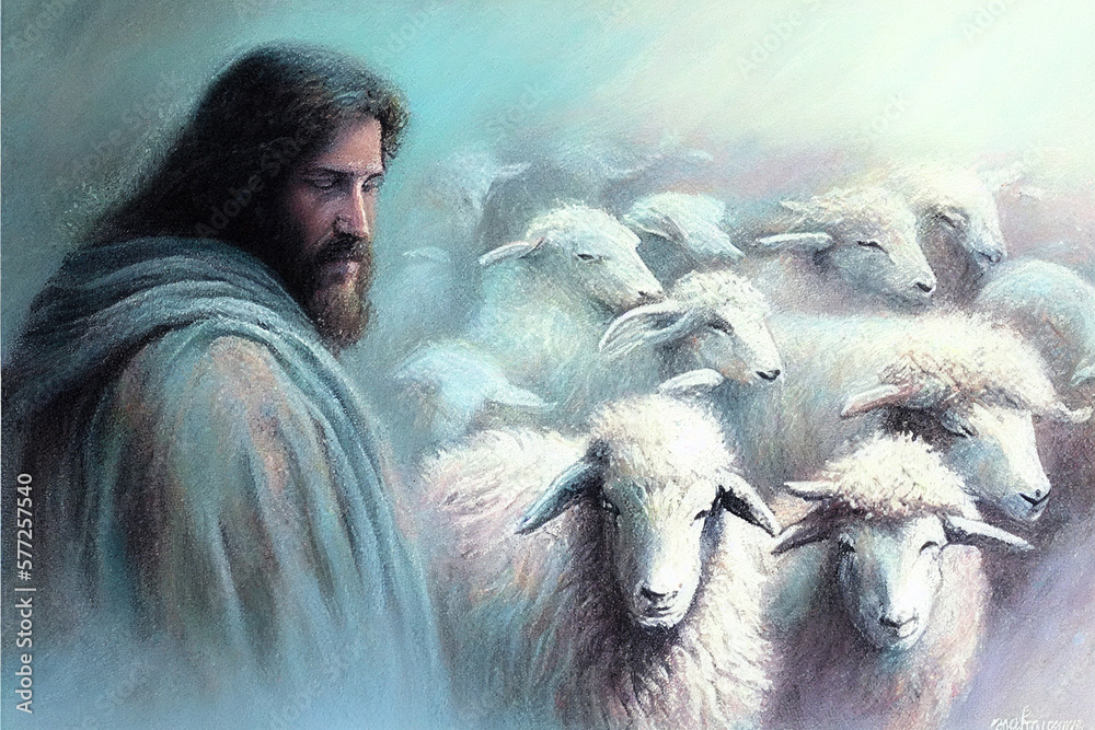 Jesus in traditional Israeli robes surrounded by his sheep, generative ...