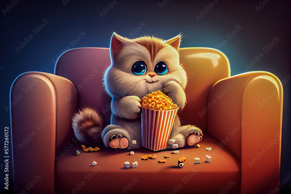 little cartoon cat eating popcorn in a chair. Generative AI, Generative ...