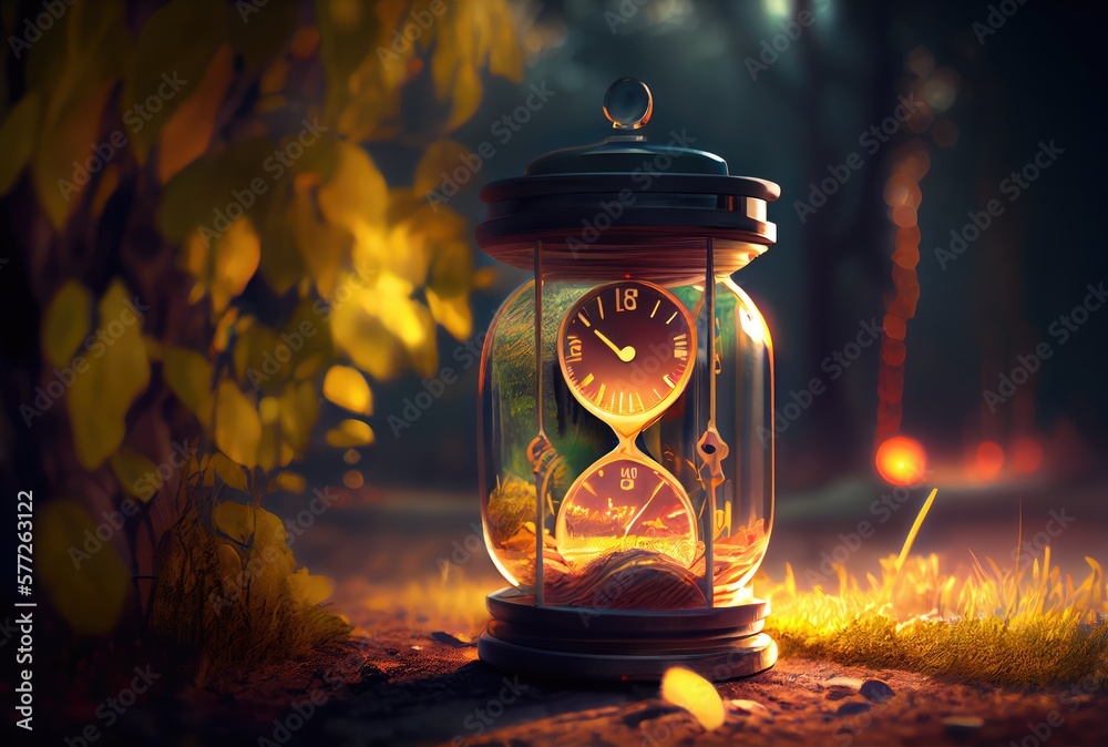 Clock in the nature landscape with daylight saving concept background ...