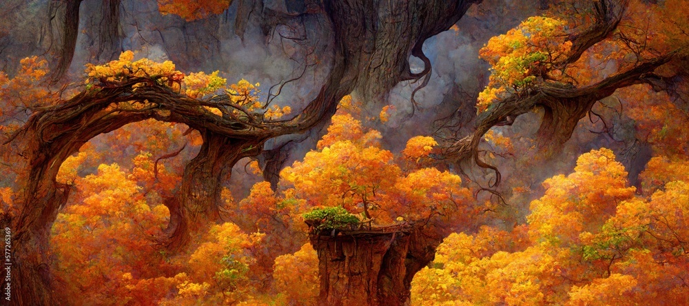 Dreamlike forest of autumn orange and yellow colors, surreal vegetation ...
