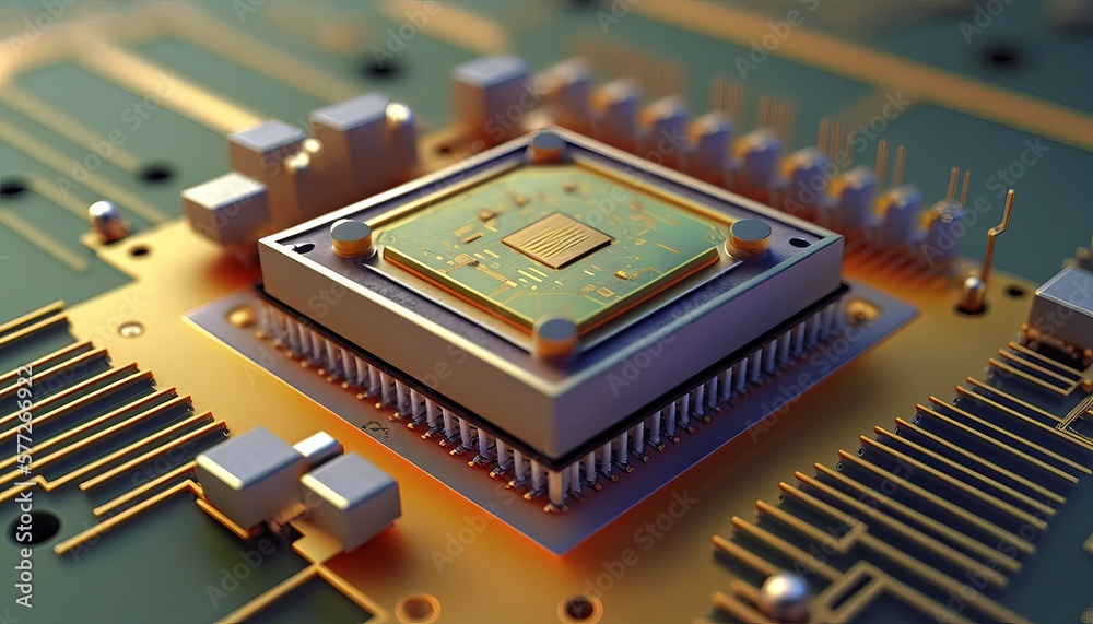 Vintage old microchip on motherboard background. Blockchain big data ...