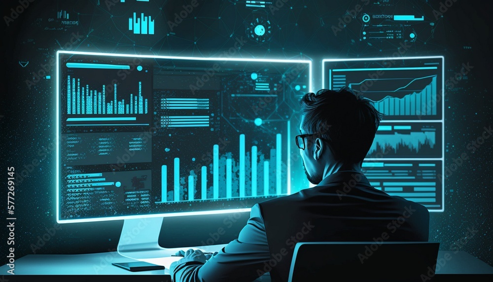 Business analytics and data management system. Businessman, person ...