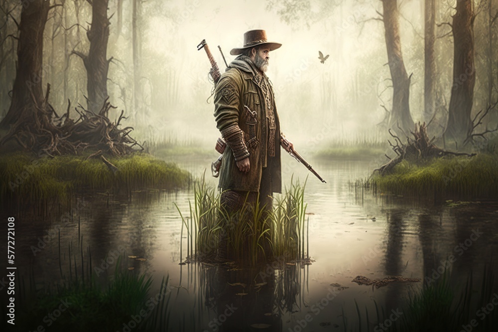 Hunter standing in swamp in forest and holding in his hand an old ...