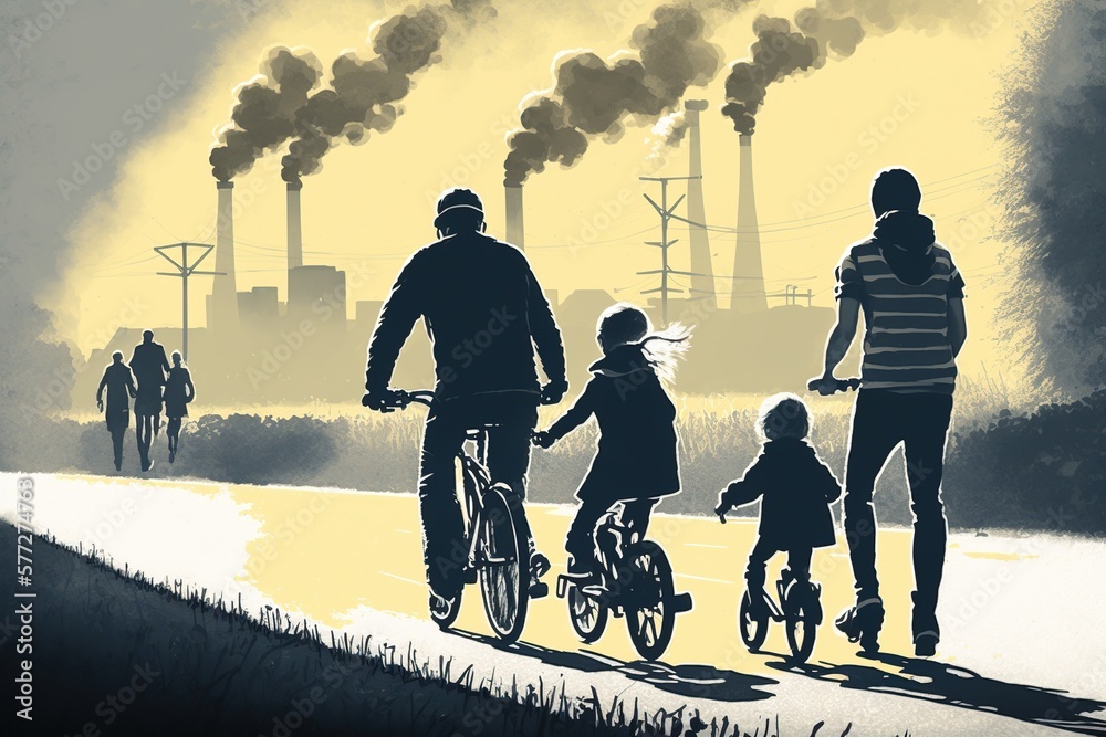 Family biking or walking to reduce their carbon footprint rather than ...