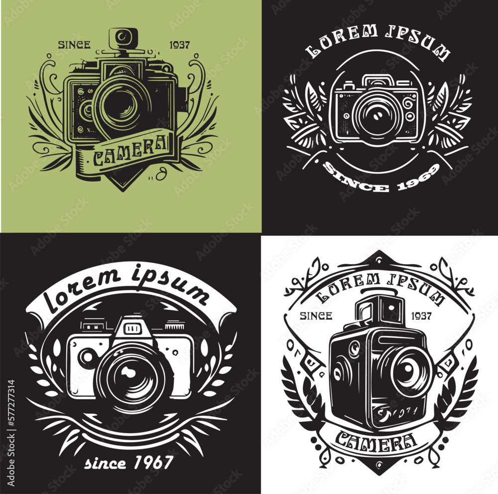 Vector set of logos with cameras. Logo made in vintage style Stock ...