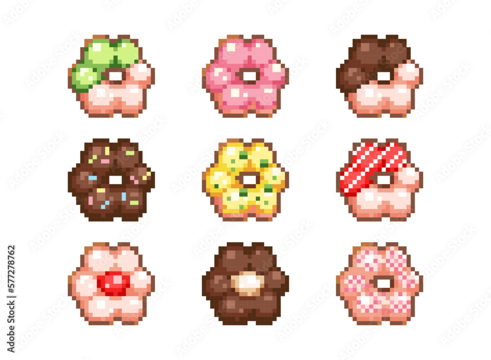 Pixel art flower shaped donuts. Japanese Ube Mochi in vintage 8 bit ...