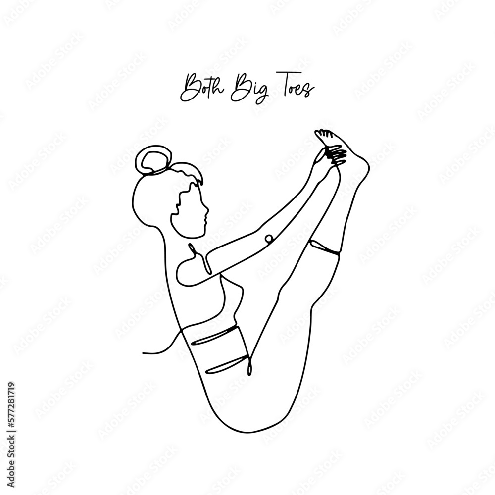 Single line drawing of a girl in Both big toes yoga pose with name text ...