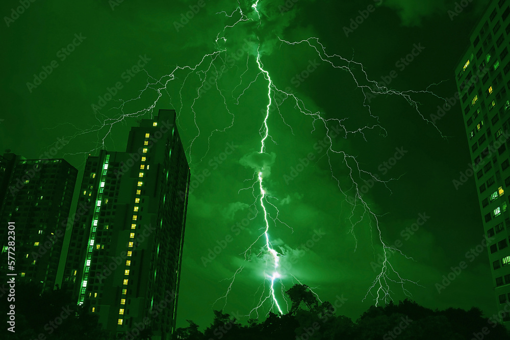 Surreal Pop Art of Incredible Lightning Strikes in Emerald Green Urban ...
