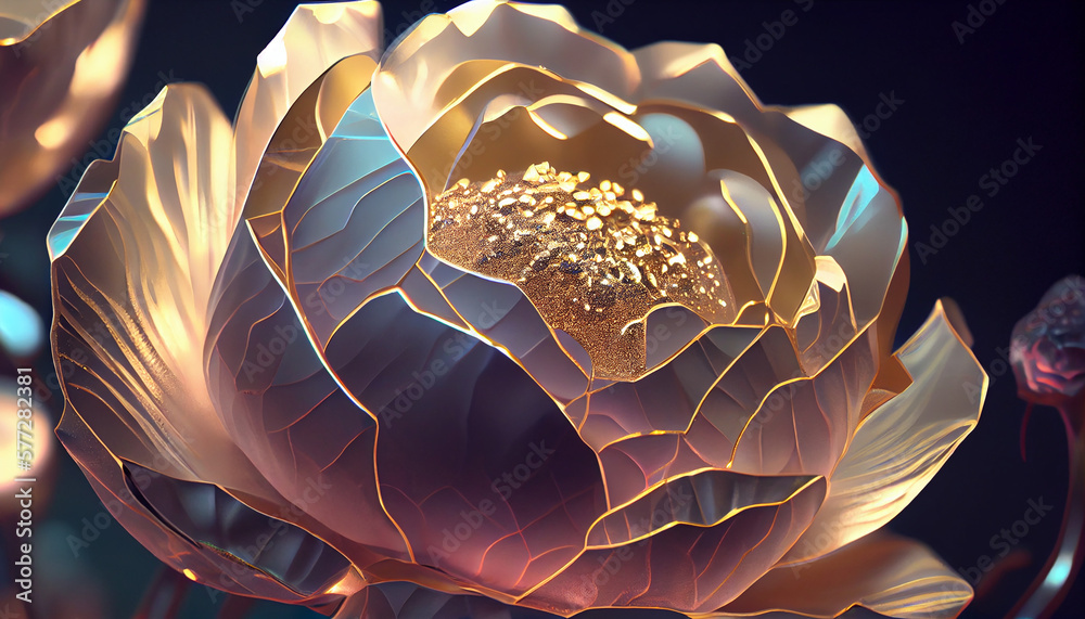 Beautiful glitter iridescent light. Close up 3d gold peony crystal ...