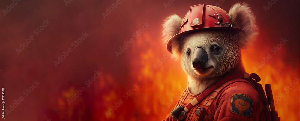 heroic koala dressed as a firefighter on a red background, created with ...