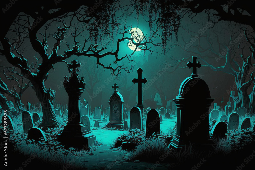 Horror cemetery at night.Digital art Stock Illustration | Adobe Stock