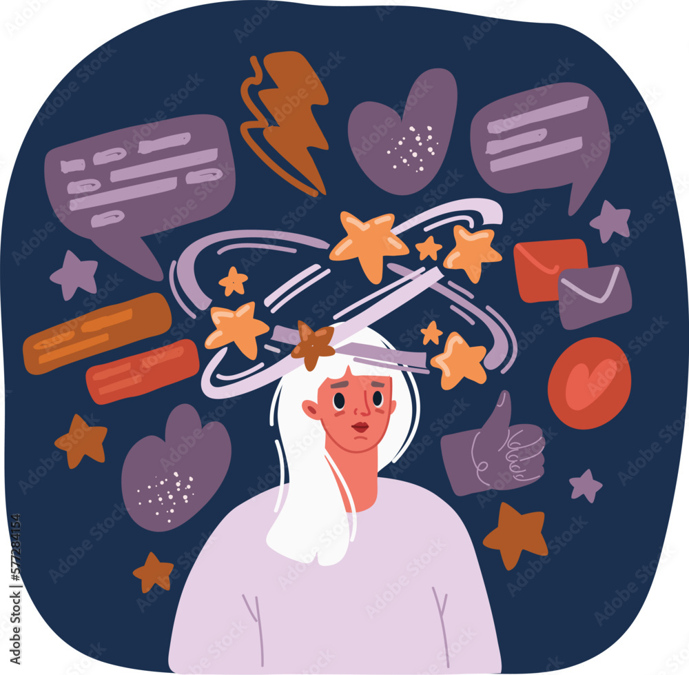 Cartoon vector illustration of woman having dizzy symptom. Female ...