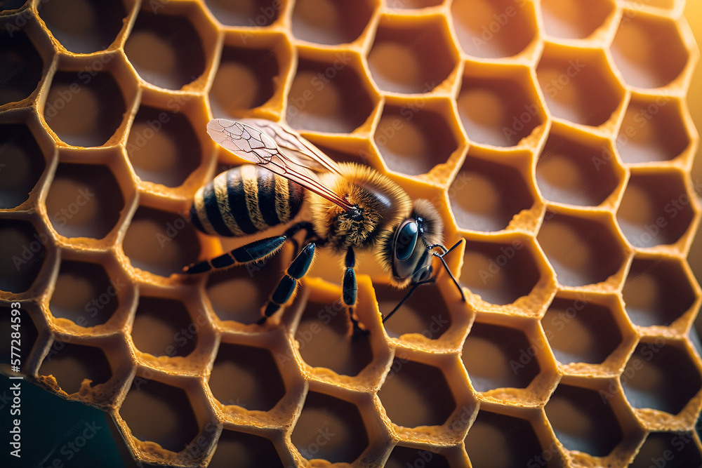 Extreme macro photography of a bee on a honeycomb, hexagonal honeycomb cells dripping with honey ...