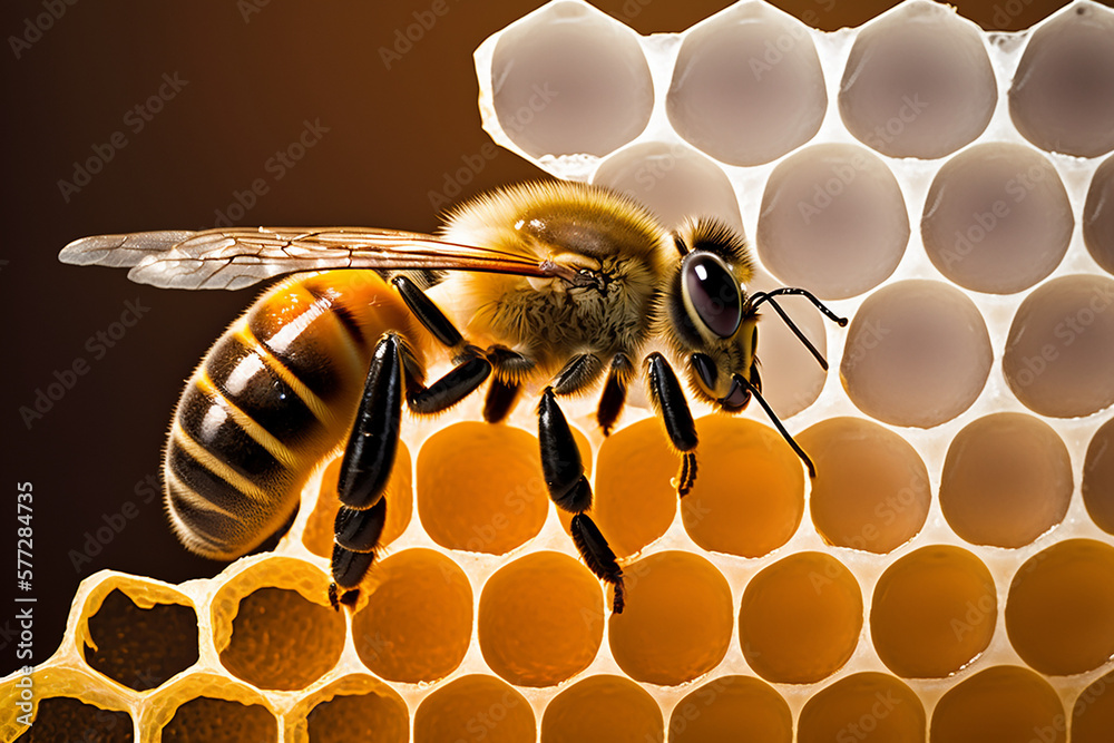 Extreme macro photography of a bee on a honeycomb, hexagonal honeycomb ...
