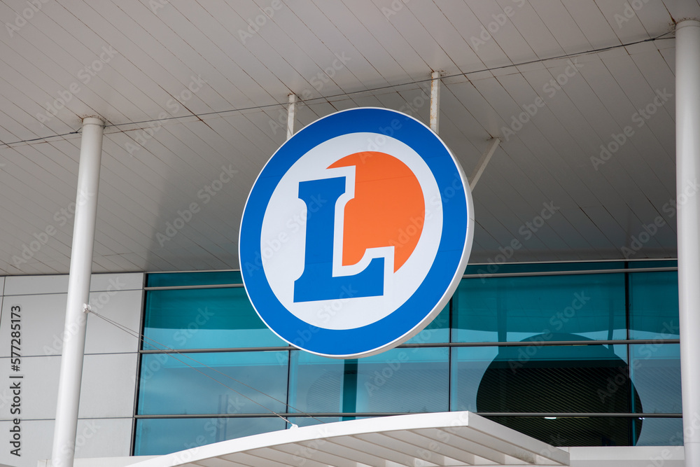 E.Leclerc logo text and sign brand front facade supermaket hypermarket ...