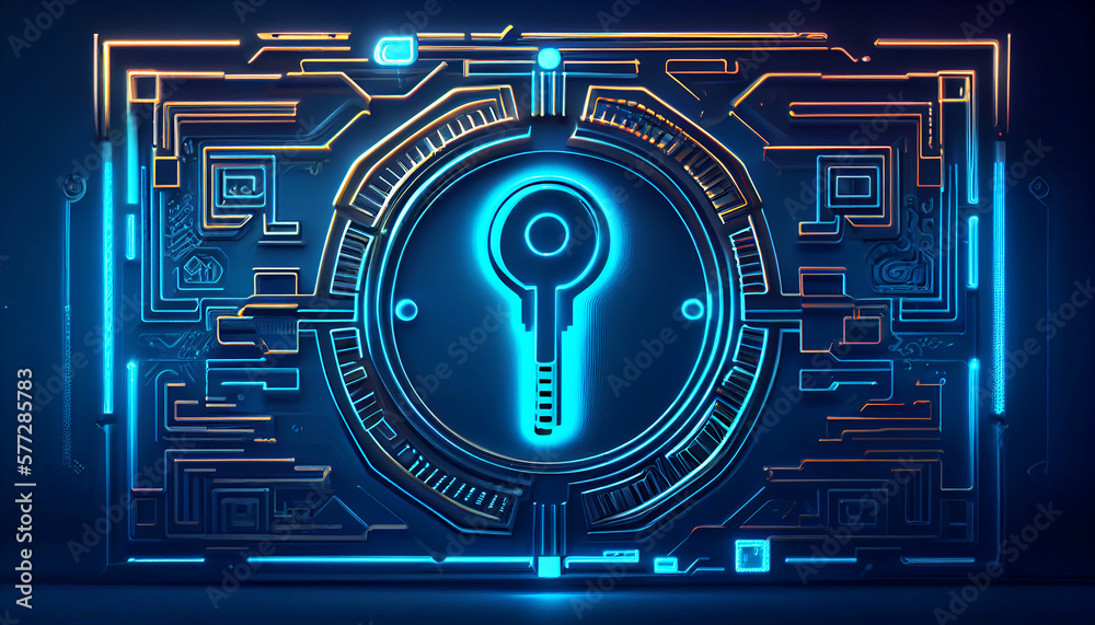 concept of cyber security or private key, abstract neon digital key ...