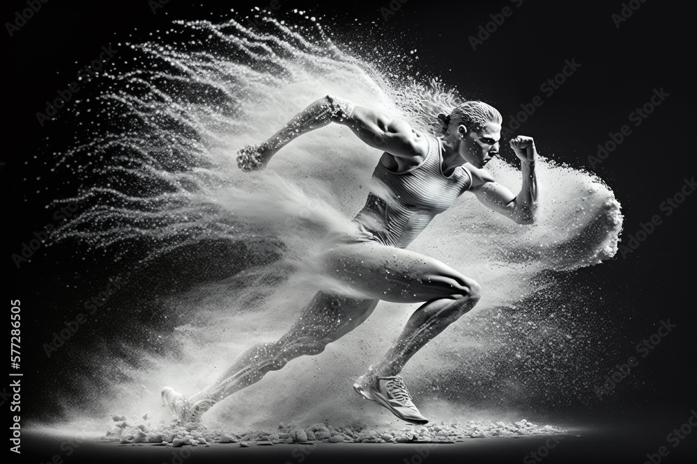 Athlete running at a high speed with disintegrating particles trailing ...